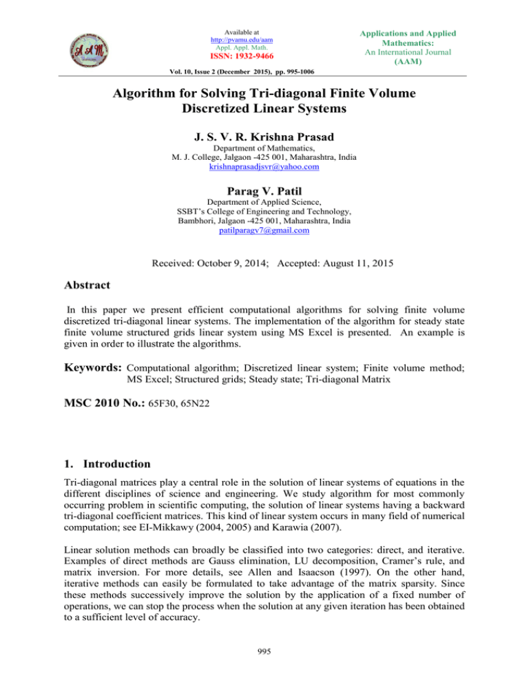 Algorithm For Solving Tri diagonal Finite Volume Discretized Linear Systems