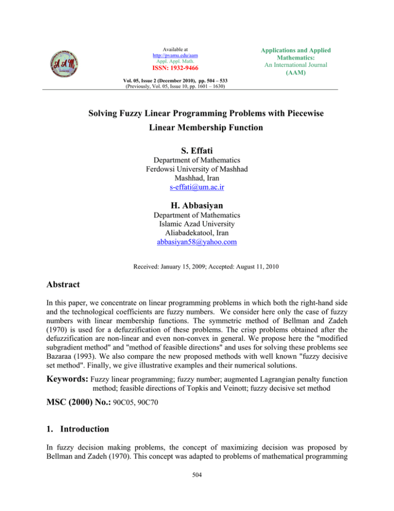 Solving Fuzzy Linear Programming Problems With Piecewise Linear