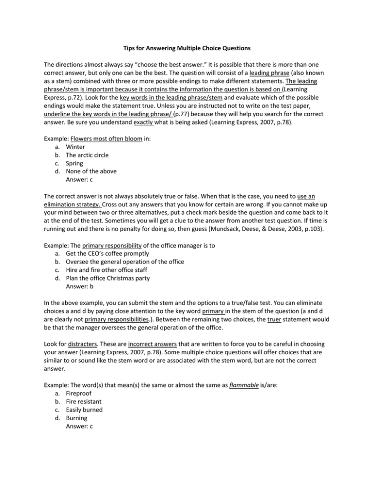 Tips For Answering Multiple Choice Questions Tips For Answering Multiple Choice Questions