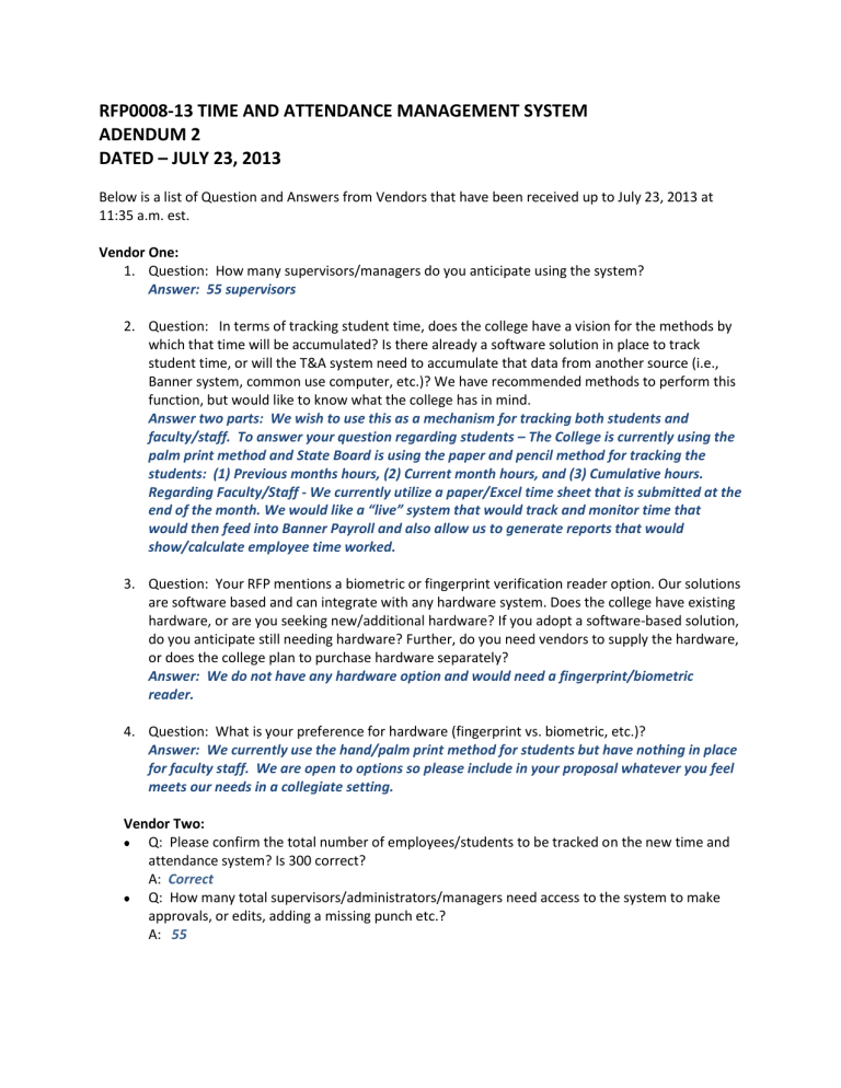 RFP0008-13 TIME AND ATTENDANCE MANAGEMENT SYSTEM ADENDUM 2