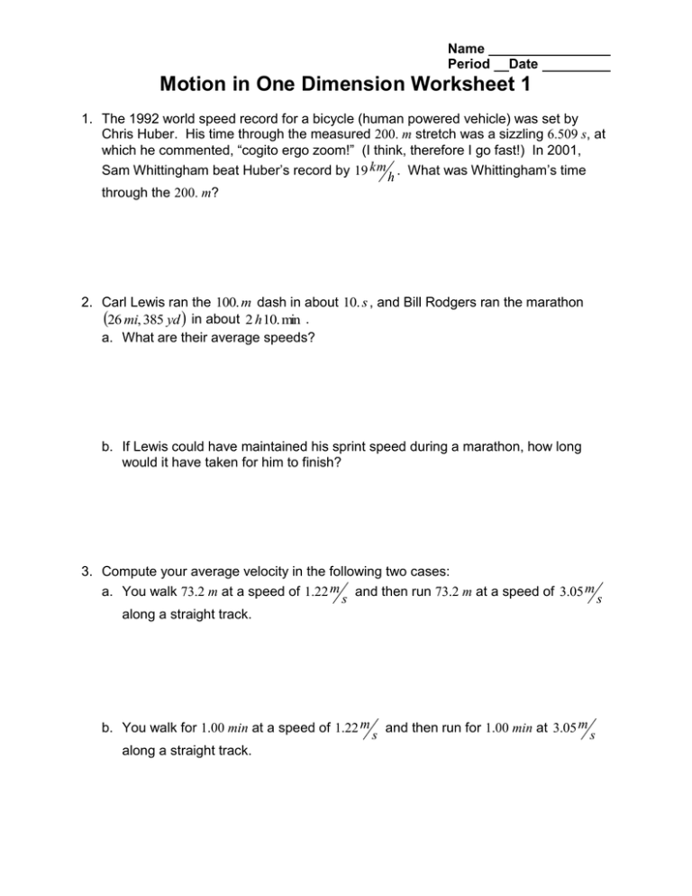 Motion In One Dimension Worksheet 1