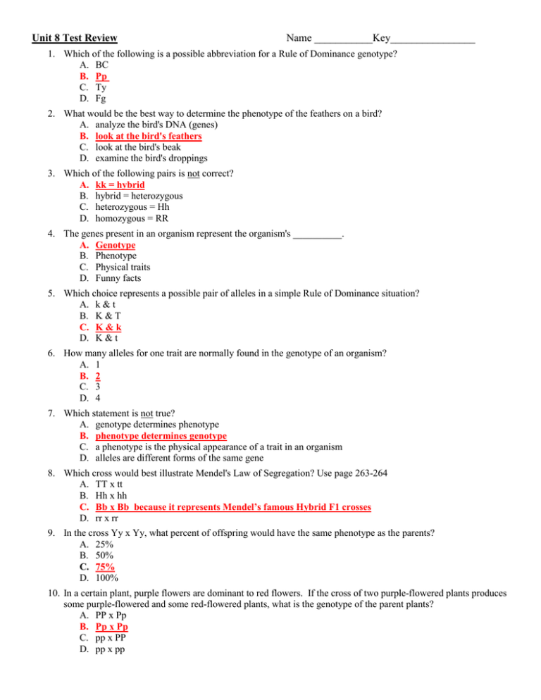 Unit 8 Test Review Name Key 