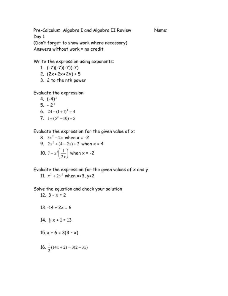 Pre Calculus Algebra I And Algebra II Review Name Day 1
