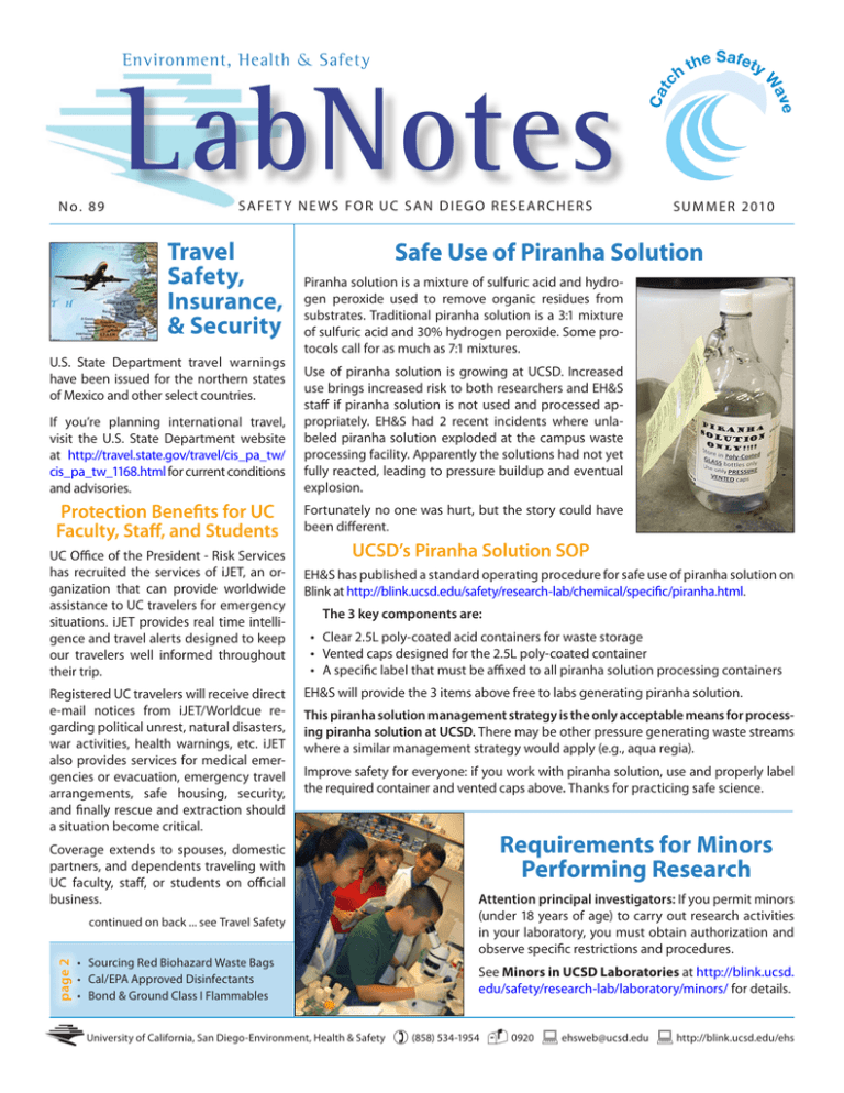 LabNotes Travel Safe Use of Piranha Solution Safety,