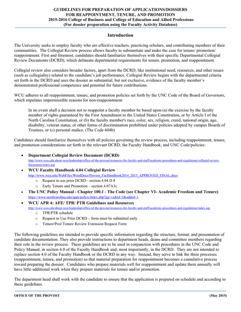 GUIDELINES FOR PREPARATION OF APPLICATIONS/DOSSIERS FOR REAPPOINTMENT ...