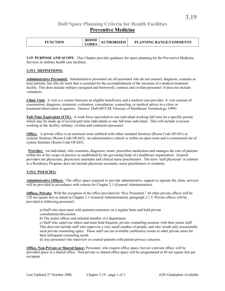 3.19 DoD Space Planning Criteria for Health Facilities Preventive Medicine