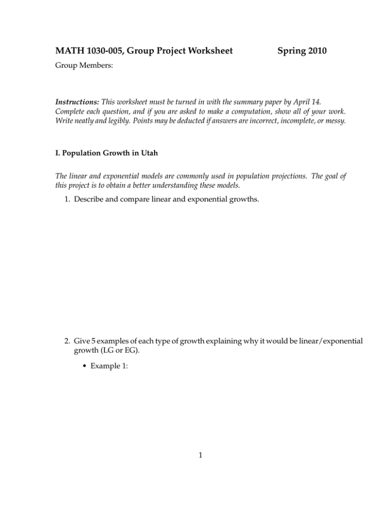 MATH 1030 005 Group Project Worksheet Spring 2010