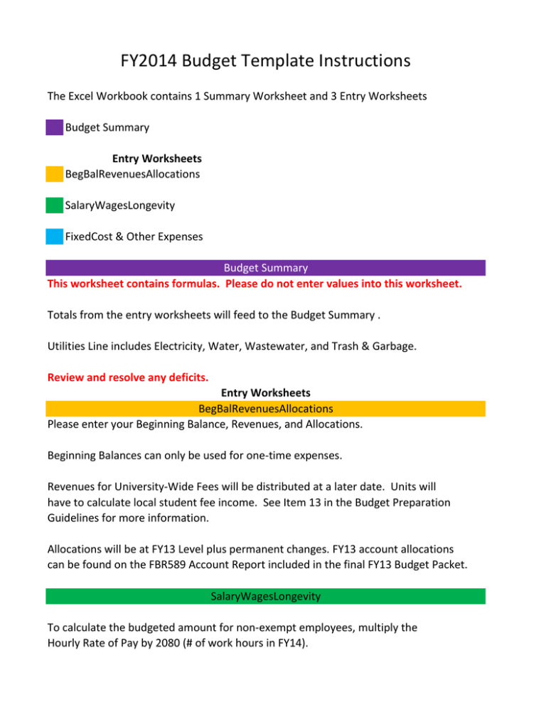 FY2014 Budget Template Instructions