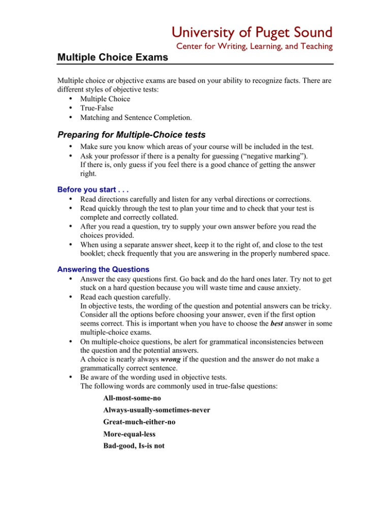 University Of Puget Sound Multiple Choice Exams