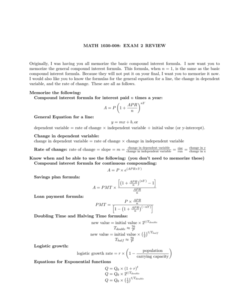 MATH 1030 008 EXAM 2 REVIEW