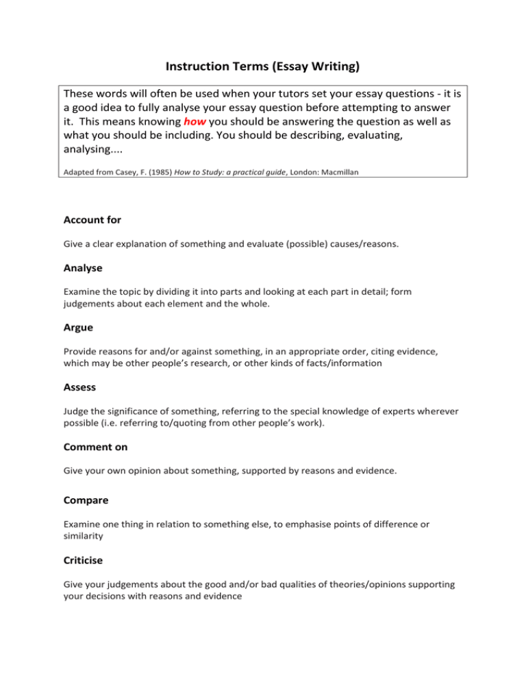 Instruction Terms Essay Writing Instruction Terms Essay Writing