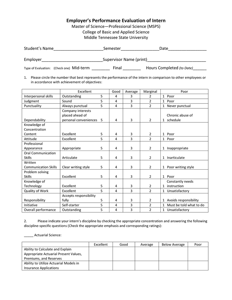 Employer s Performance Evaluation Of Intern