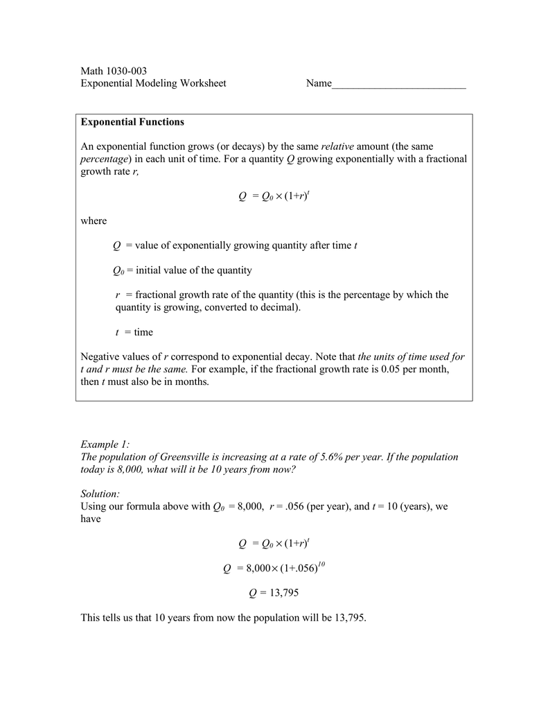 Exponential Function Word Problems Worksheet
