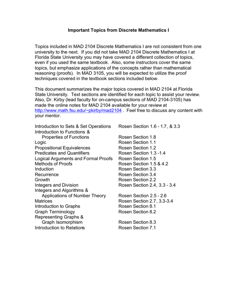 Important Topics From Discrete Mathematics I