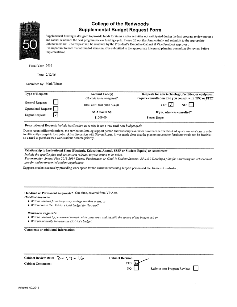 College Of The Redwoods Supplemental Budget Request Form College Of The Redwoods Supplemental Budget Request Form
