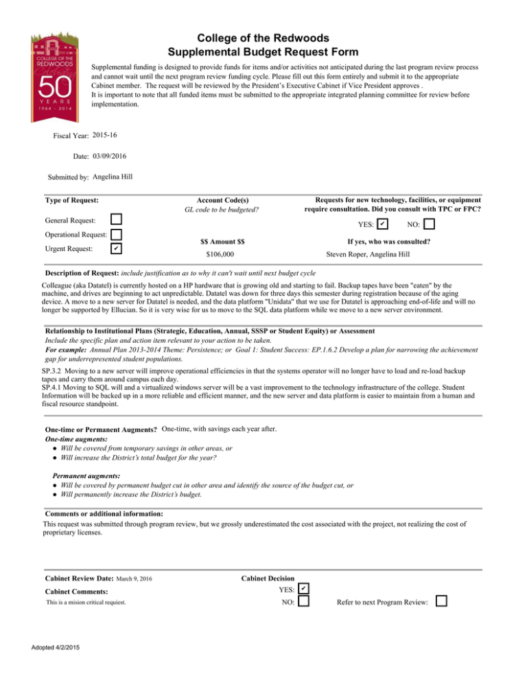 College Of The Redwoods Supplemental Budget Request Form College Of The Redwoods Supplemental Budget Request Form