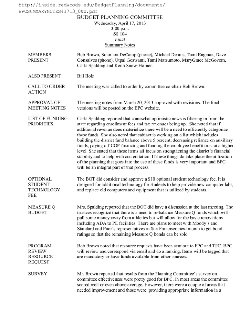 BUDGET PLANNING COMMITTEE BUDGET PLANNING COMMITTEE