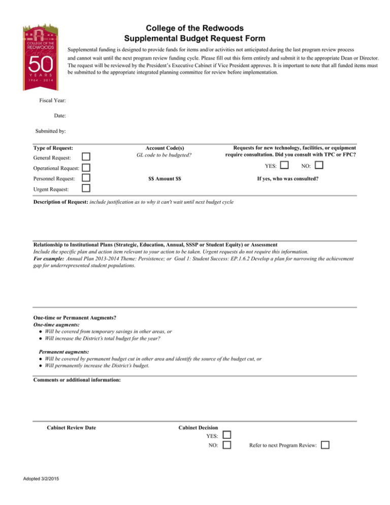 College Of The Redwoods Supplemental Budget Request Form College Of The Redwoods Supplemental Budget Request Form