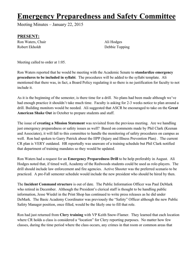 Emergency Preparedness Committee Meeting Minutes, Jan 2015