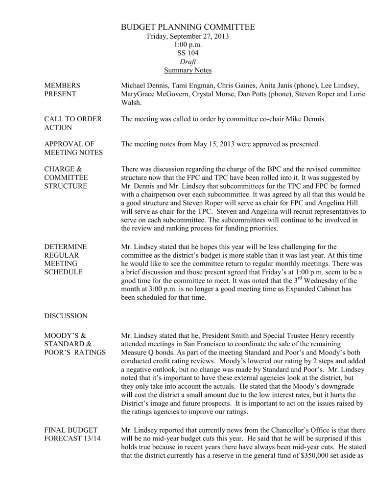 BUDGET PLANNING COMMITTEE BUDGET PLANNING COMMITTEE