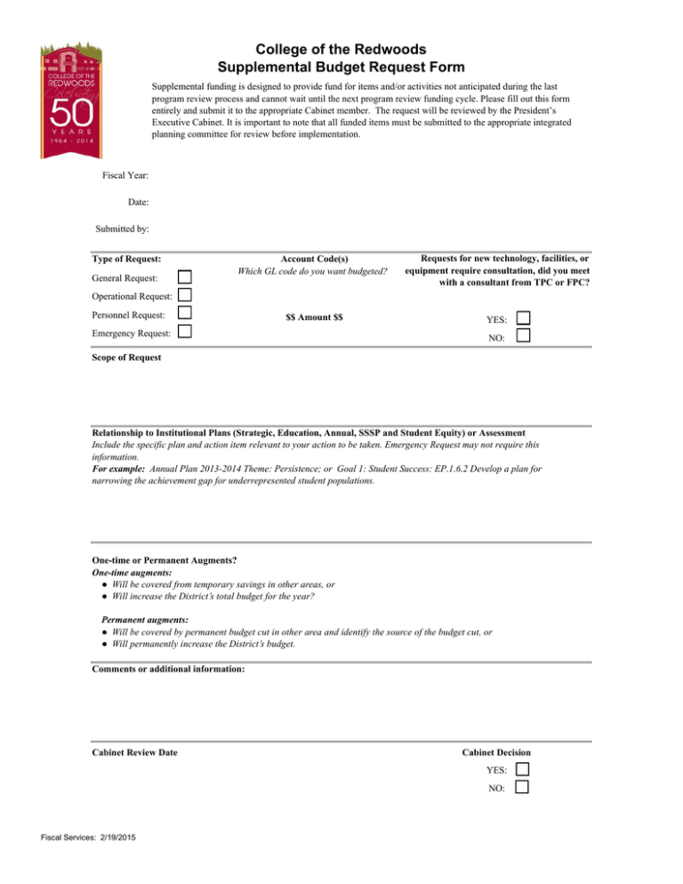 College Of The Redwoods Supplemental Budget Request Form College Of The Redwoods Supplemental Budget Request Form