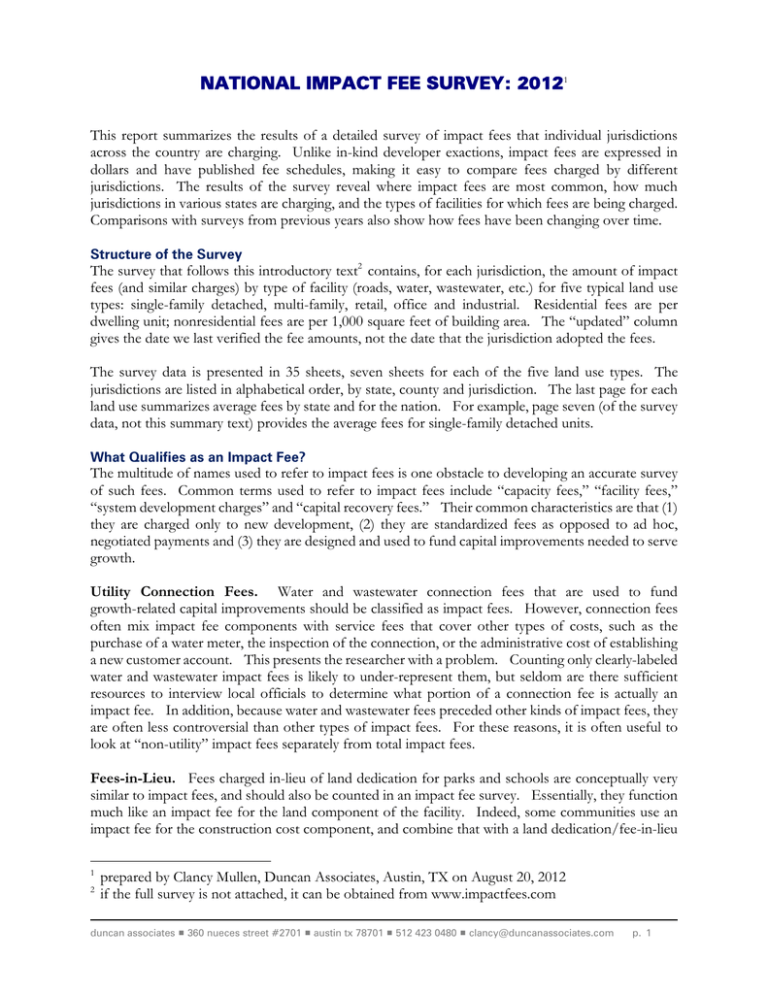 NATIONAL IMPACT FEE SURVEY: 2012