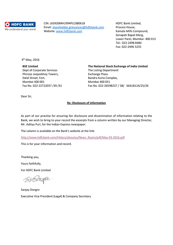 CIN L65920MH1994PLC080618 HDFC Bank Limited Email CIN L65920MH1994PLC080618 HDFC Bank Limited Email
