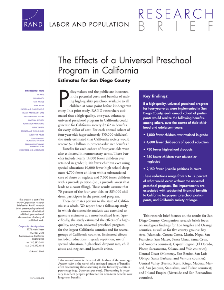 P The Effects Of A Universal Preschool Program In California P The Effects Of A Universal Preschool Program In California