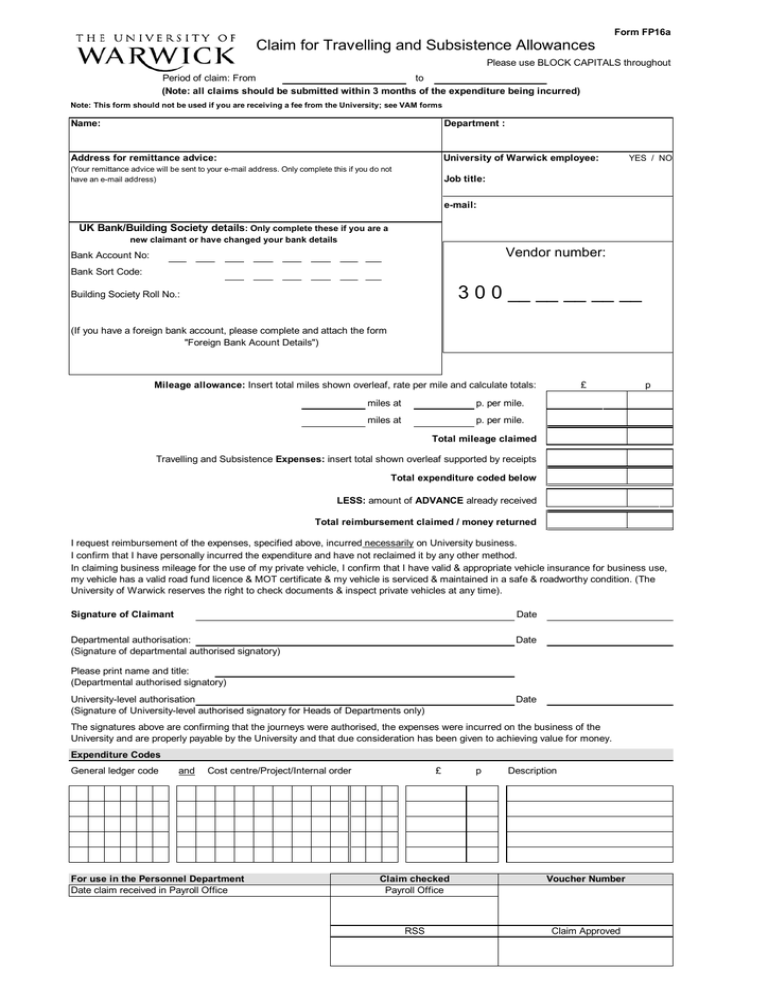 Claim For Travelling And Subsistence Allowances Claim For Travelling And Subsistence Allowances