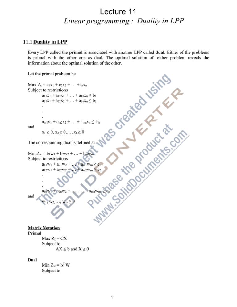 Lecture 11 Linear Programming Duality In LPP
