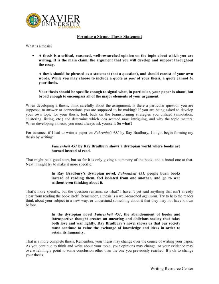 Forming A Strong Thesis Statement