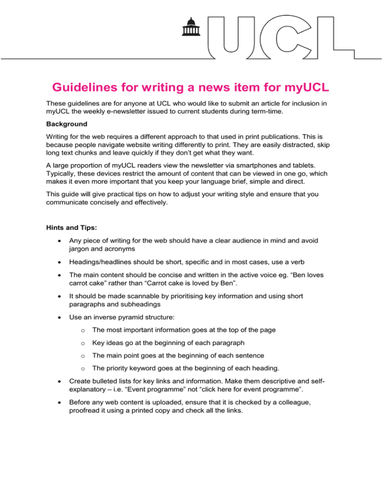 Guidelines For Writing A News Item For MyUCL