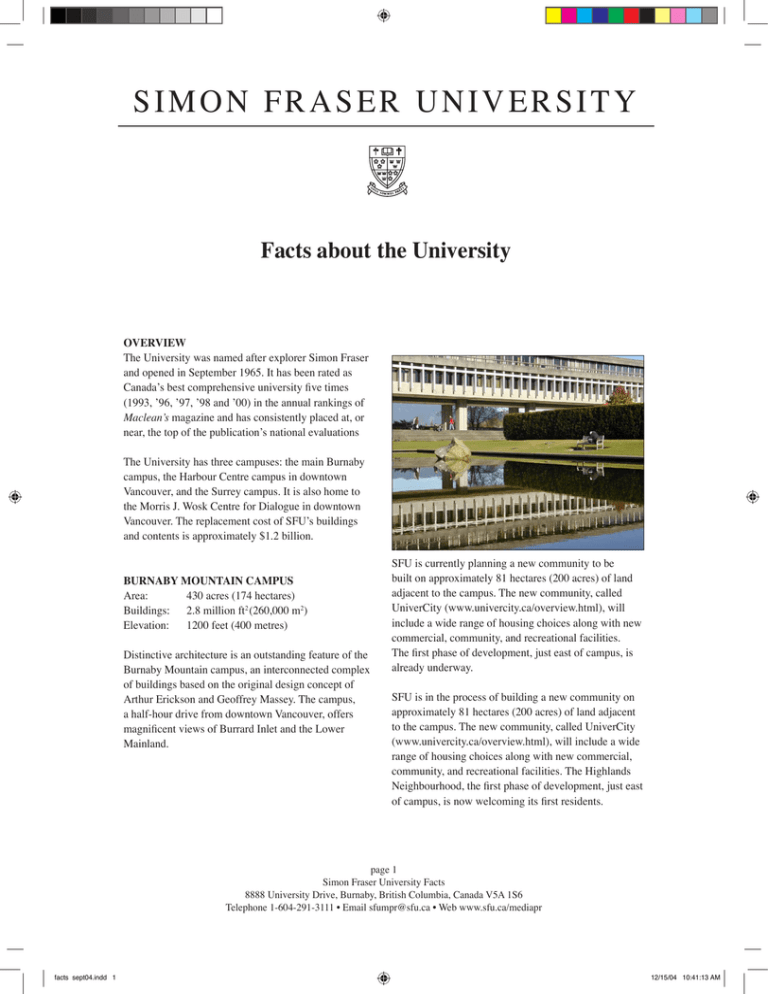 SIMON FRASER UNIVERSITY Facts About The University