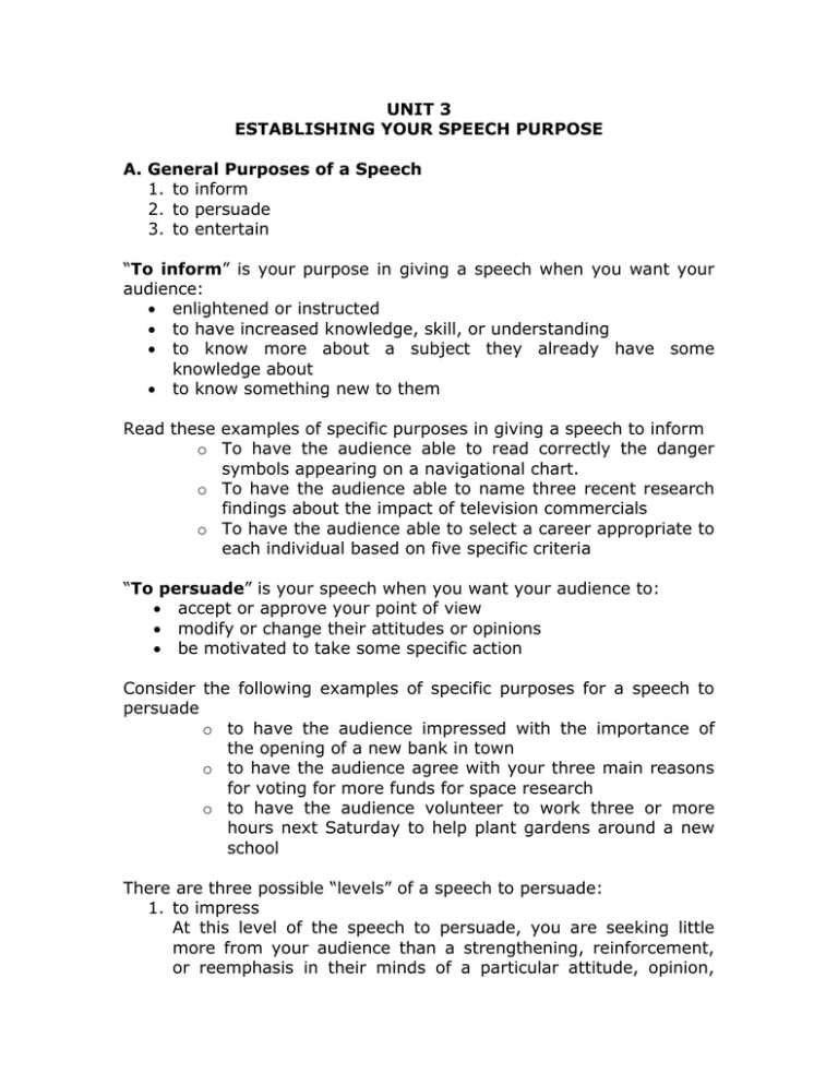 UNIT 3 ESTABLISHING YOUR SPEECH PURPOSE A General Purposes Of A Speech