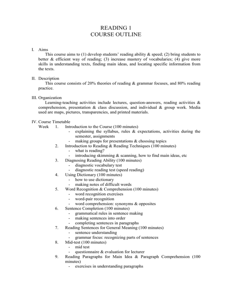 READING 1 COURSE OUTLINE