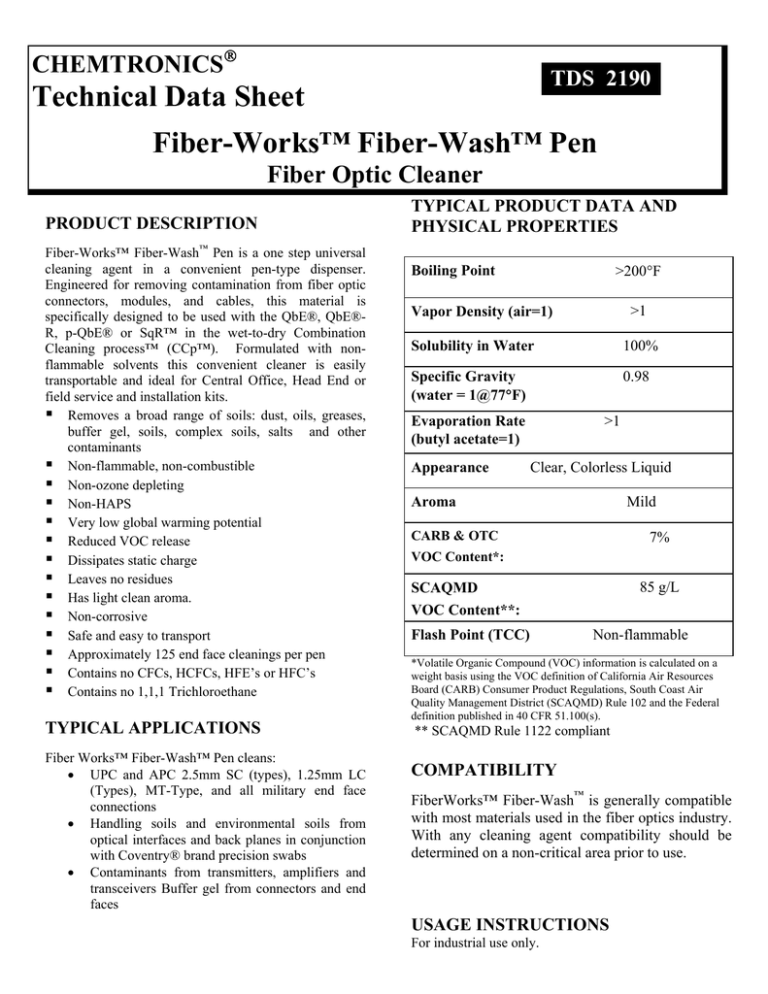 Technical Data Sheet Fiber-Works™ Fiber-Wash™ Pen CHEMTRONICS Fiber ...