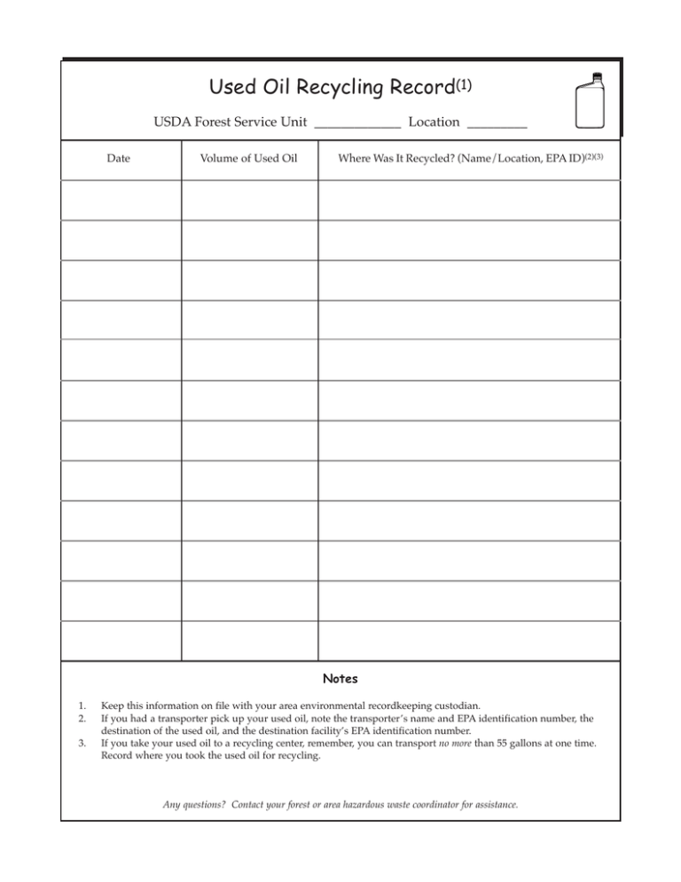 Used Oil Recycling Record 1 Notes