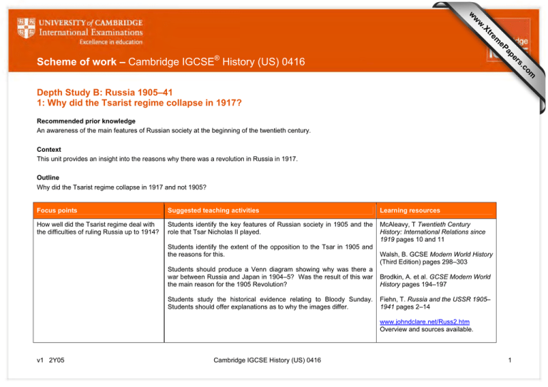 Scheme Of Work Cambridge IGCSE History US 0416
