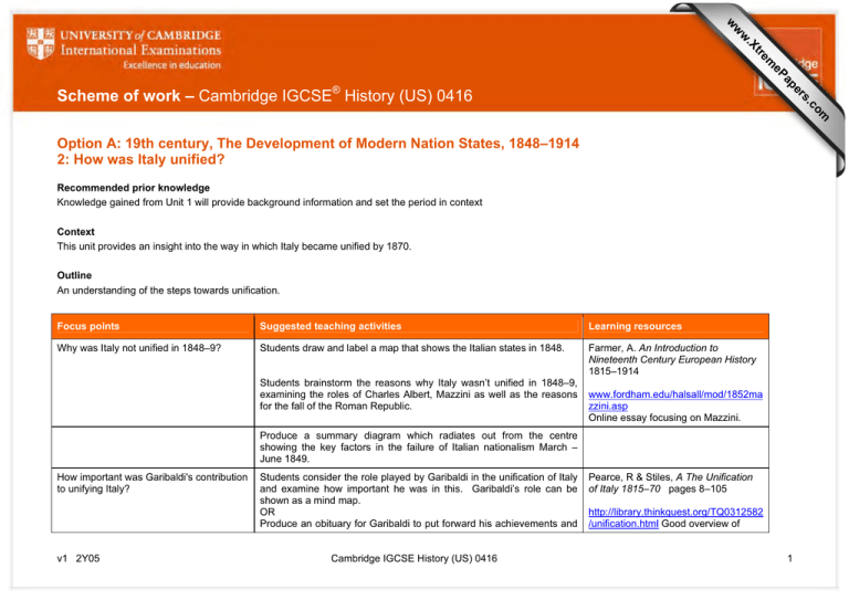 Scheme Of Work Cambridge IGCSE History US 0416