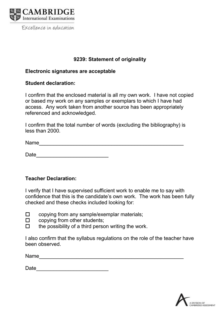 9239 Statement Of Originality Electronic Signatures Are Acceptable Student Declaration 