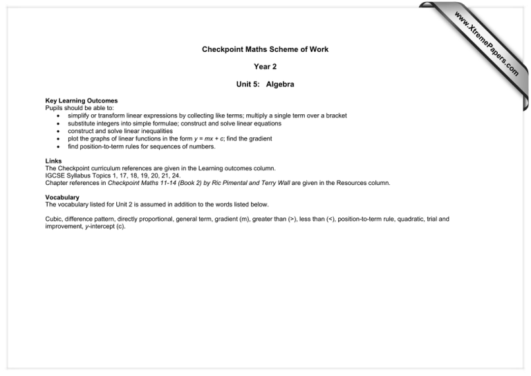 Checkpoint Maths Scheme Of Work Year 2 Unit 5 Algebra Checkpoint Maths Scheme Of Work Year 2 Unit 5 Algebra