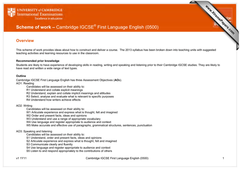 Scheme Of Work Cambridge IGCSE First Language English 0500 Overview