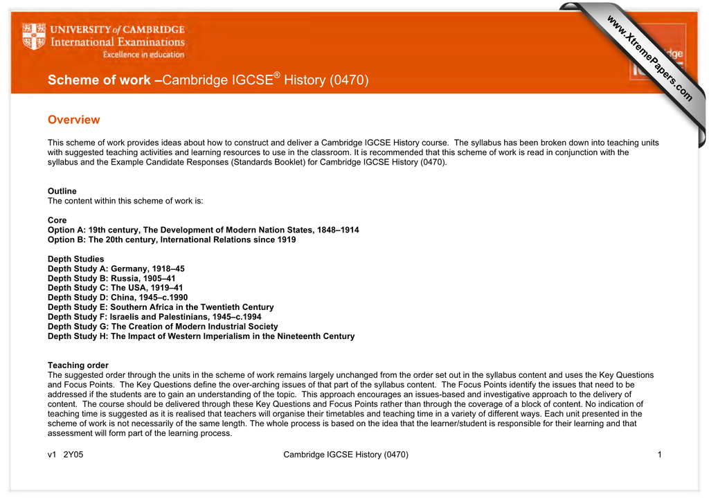 Scheme Of Work Cambridge IGCSE History 0470 Overview