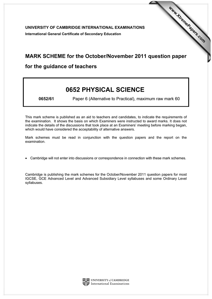 0652 PHYSICAL SCIENCE MARK SCHEME For The October November 2011 