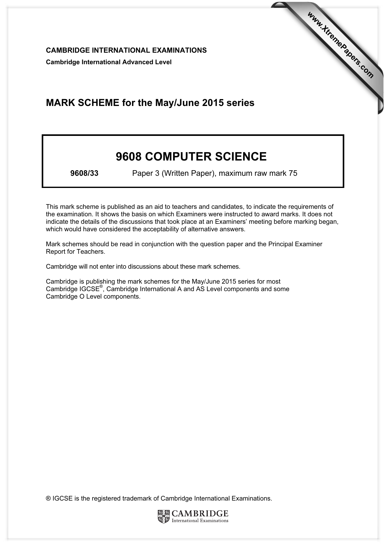 9608 Computer Science Mark Scheme For The Mayjune 2015 Series 