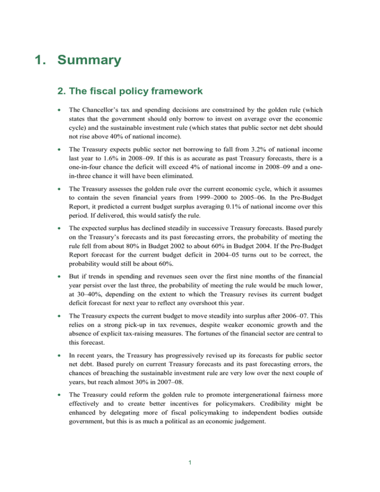 1 Summary 2 The Fiscal Policy Framework