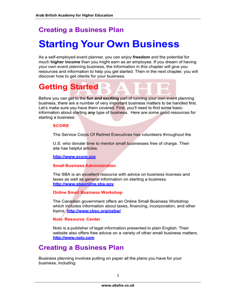 Starting Your Own Business Creating A Business Plan