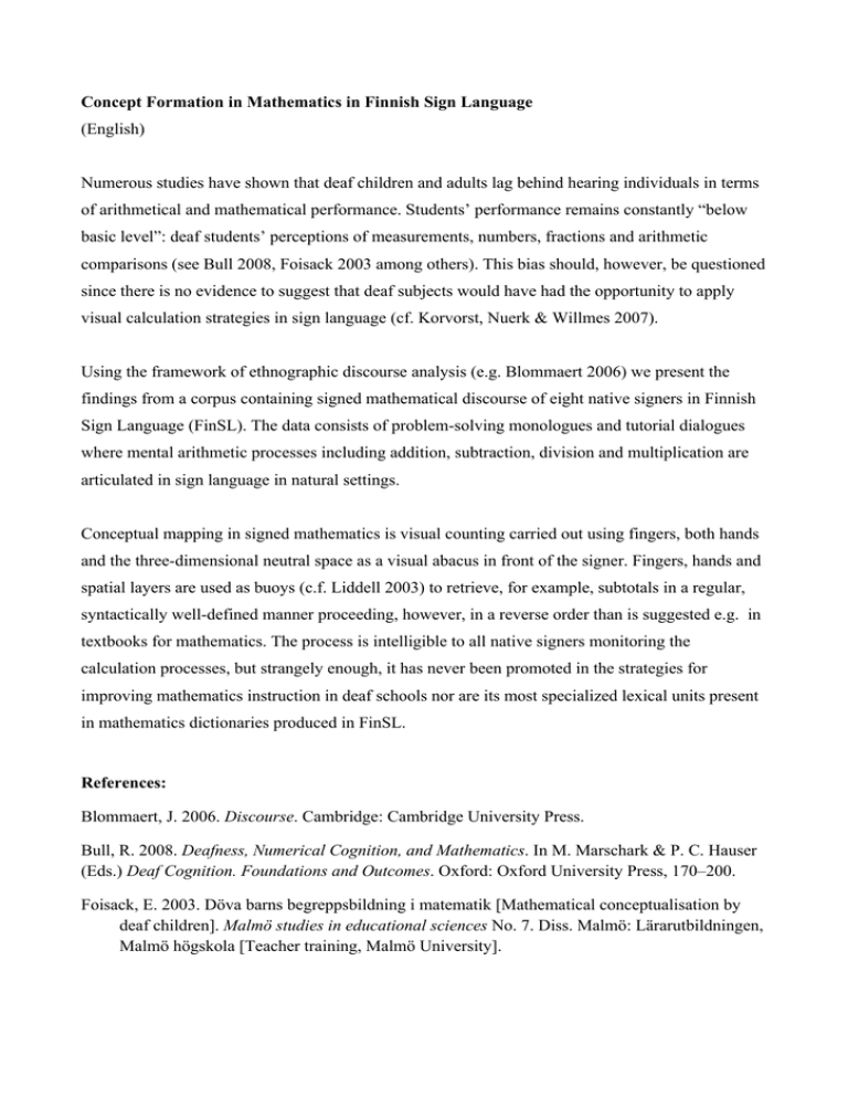 Concept Formation In Mathematics In Finnish Sign Language English 