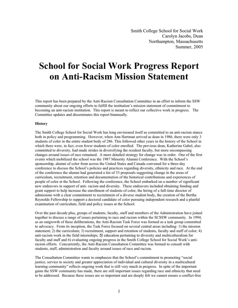 School For Social Work Progress Report On Anti Racism Mission Statement