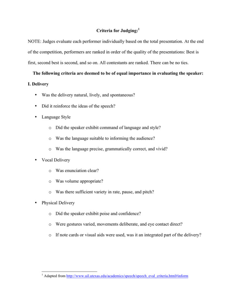 Criteria For Judging Criteria For Judging